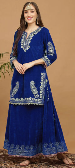 Party Wear Blue color Velvet fabric Salwar Kameez : 1854340