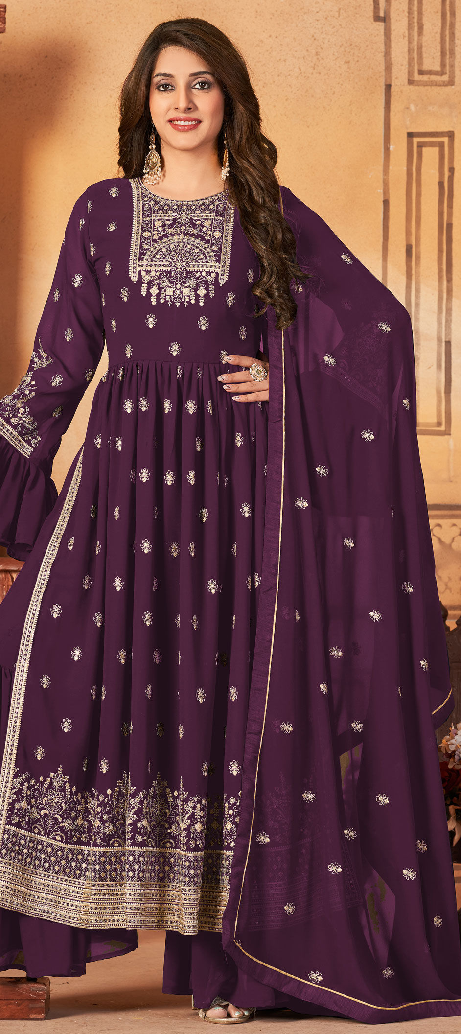 Party Wear, Reception Purple and Violet color Faux Georgette fabric ...