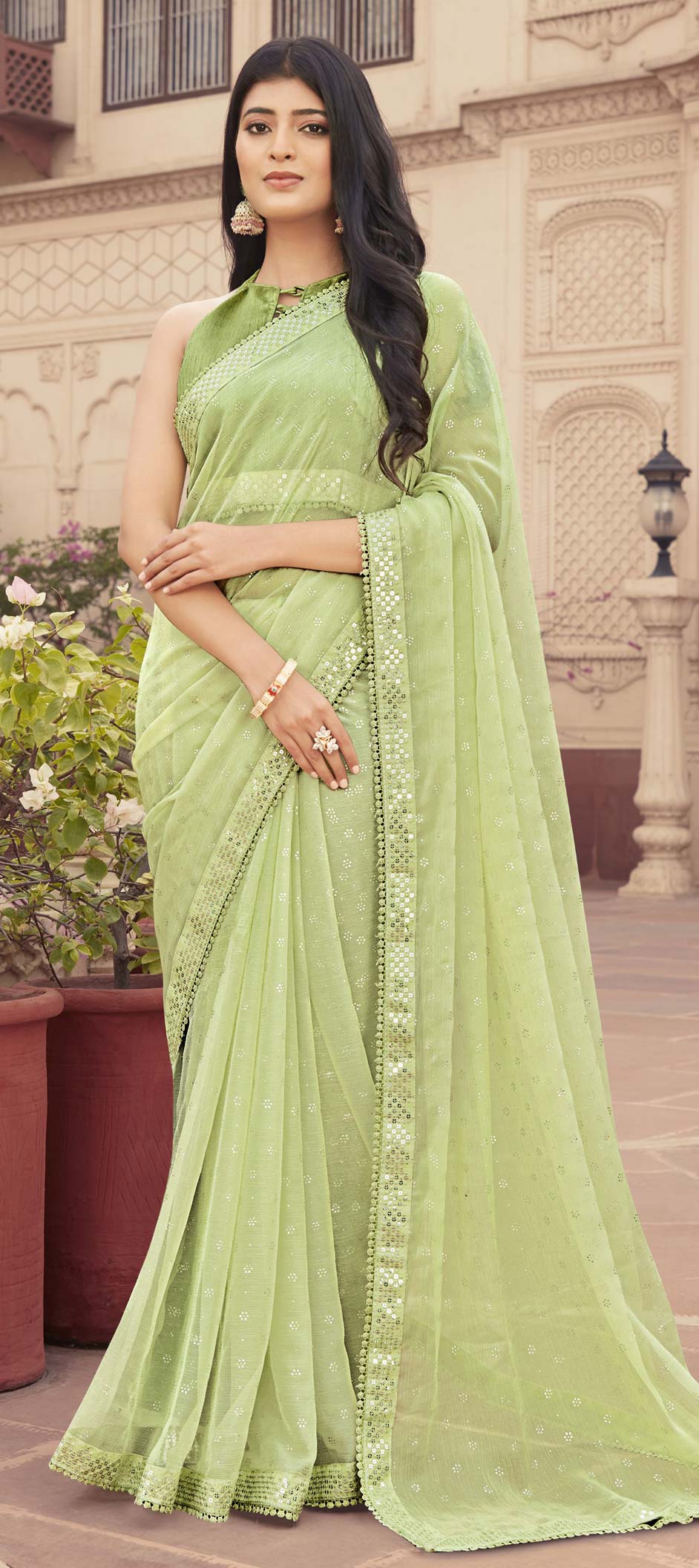 Designer, Party Wear Green color Chiffon fabric Saree : 1855138