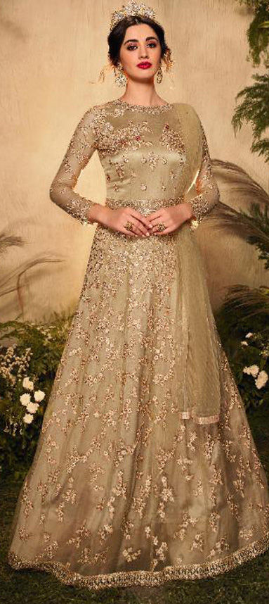 Mehendi Sangeet, Reception, Wedding Beige and Brown color Net fabric ...