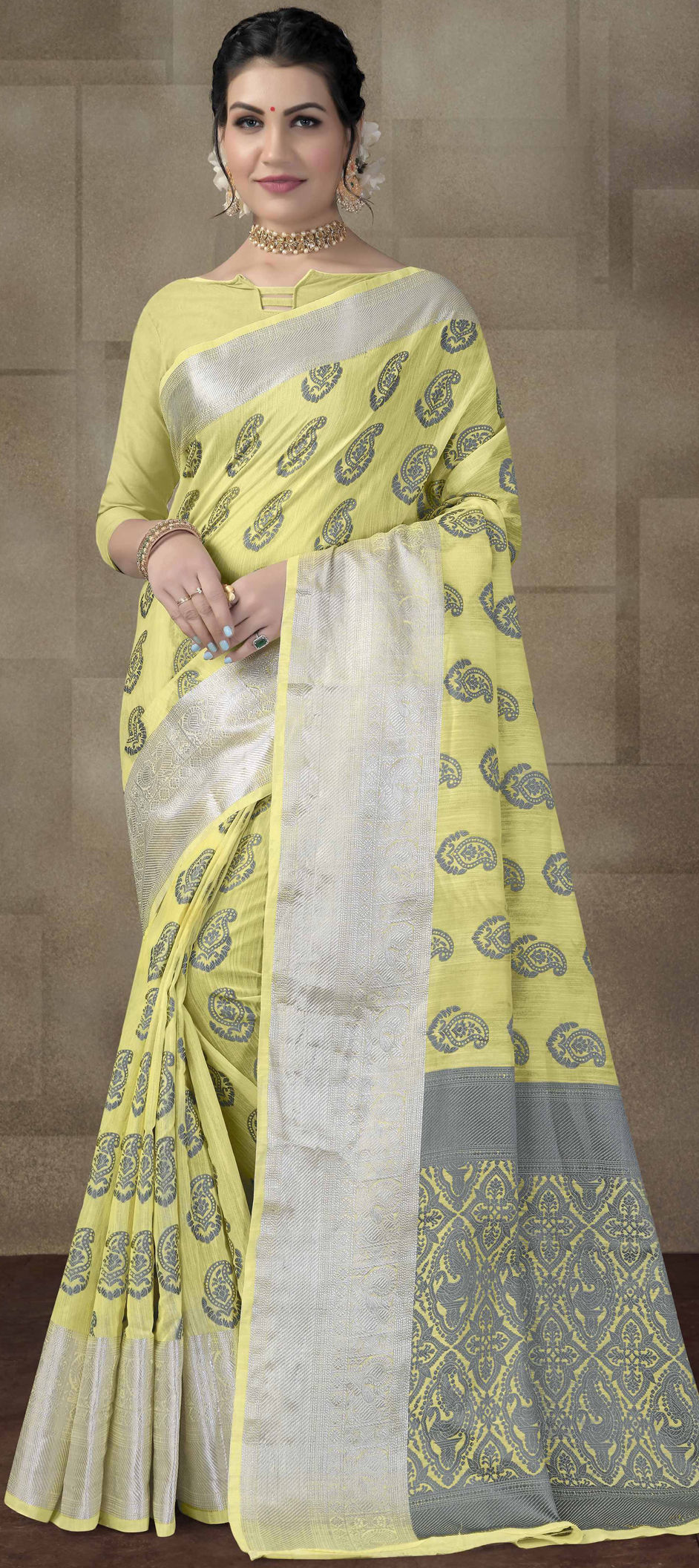 Traditional Yellow color Linen fabric Saree : 1856472
