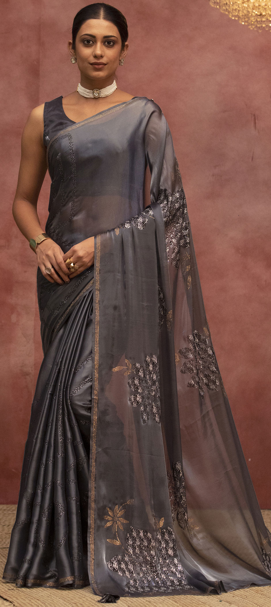 Designer, Party Wear Black and Grey color Satin Silk fabric Saree : 1856650