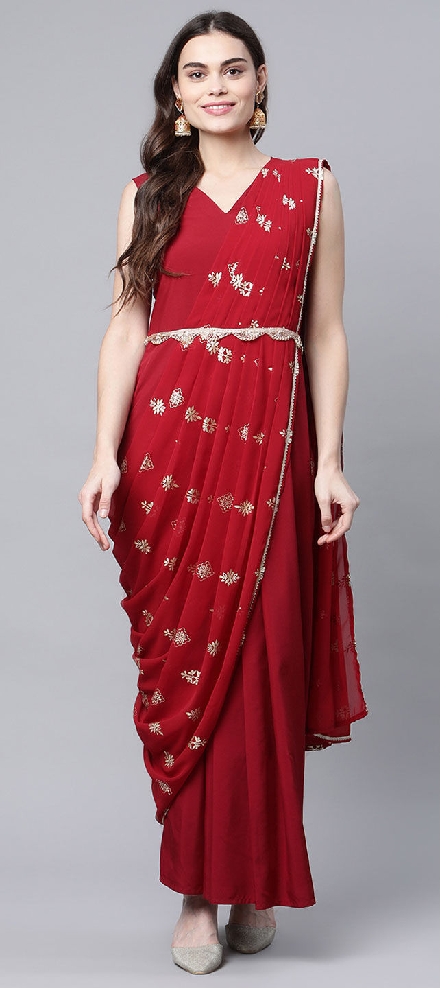 Party Wear Red and Maroon color Crepe Silk fabric Dress : 1858119