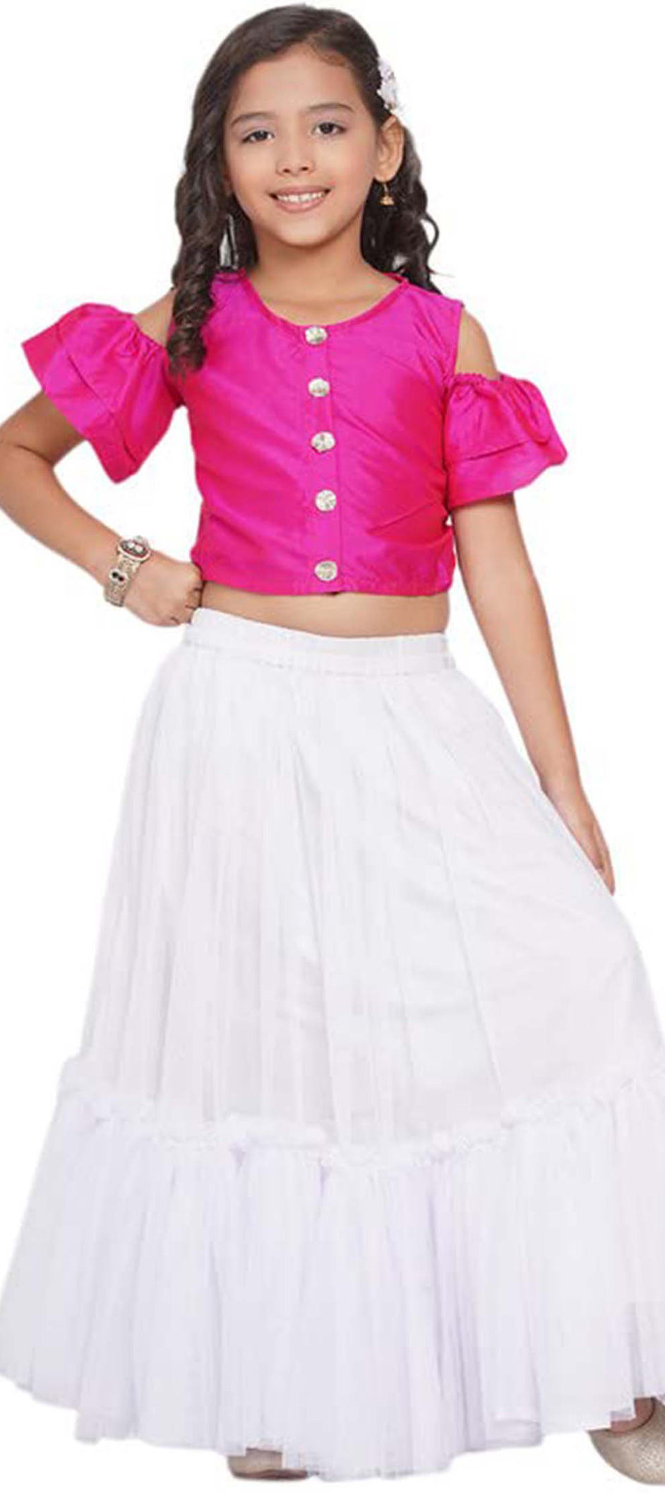 Pink and Majenta, White and Off White color Blended fabric Kids Lehenga ...