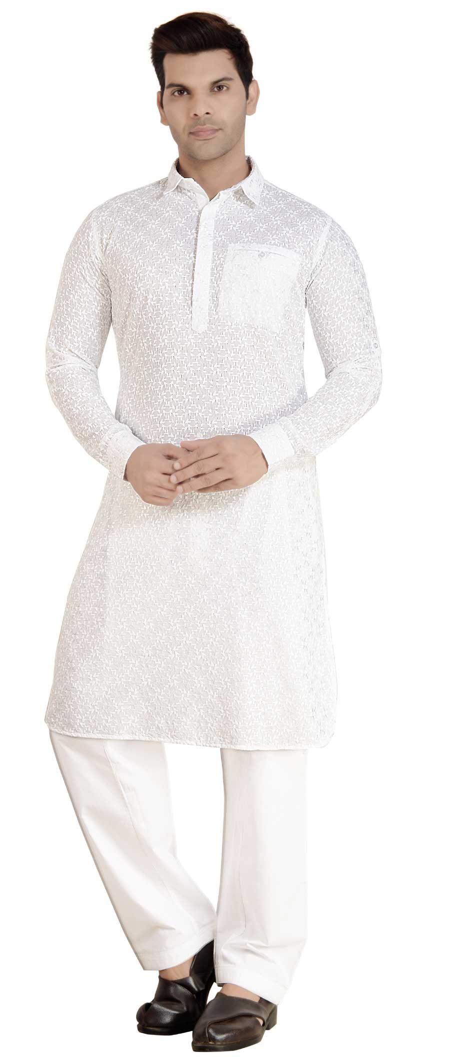 White and Off White color Rayon fabric Pathani Suit : 1859136