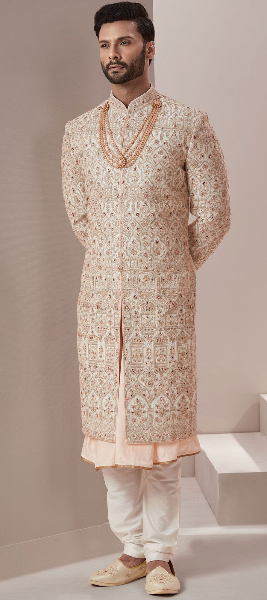 White and Off White color Silk fabric Sherwani : 1859860