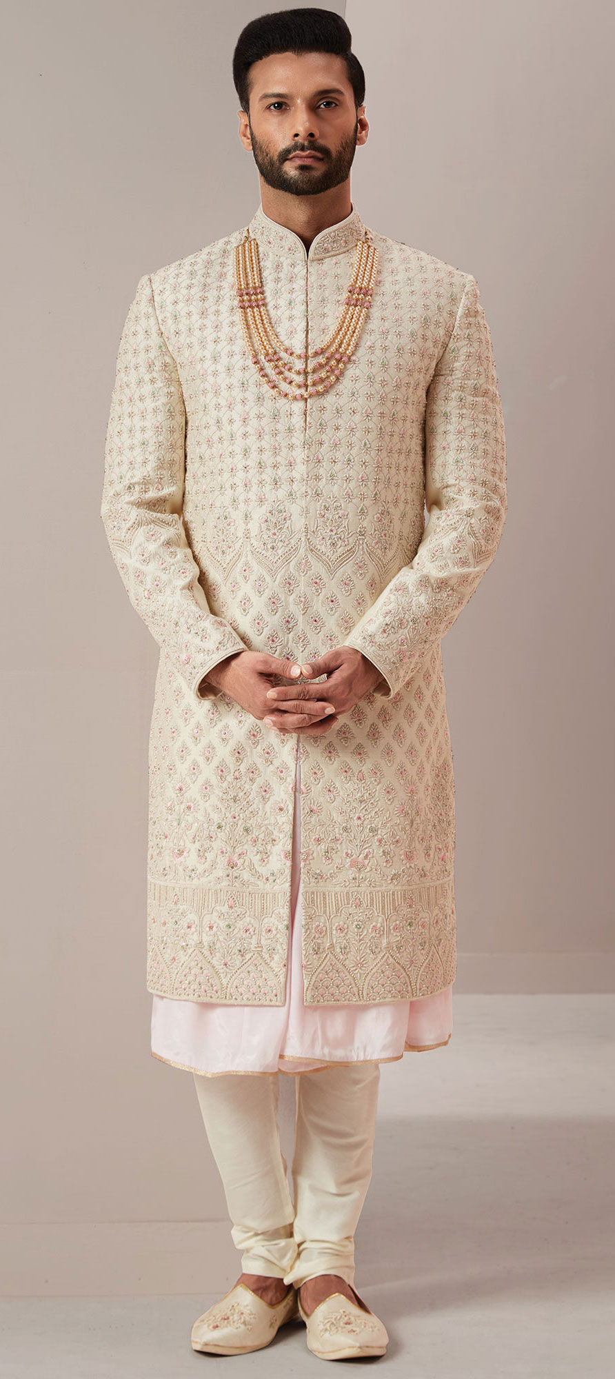Beige and Brown color Silk fabric Sherwani : 1859876