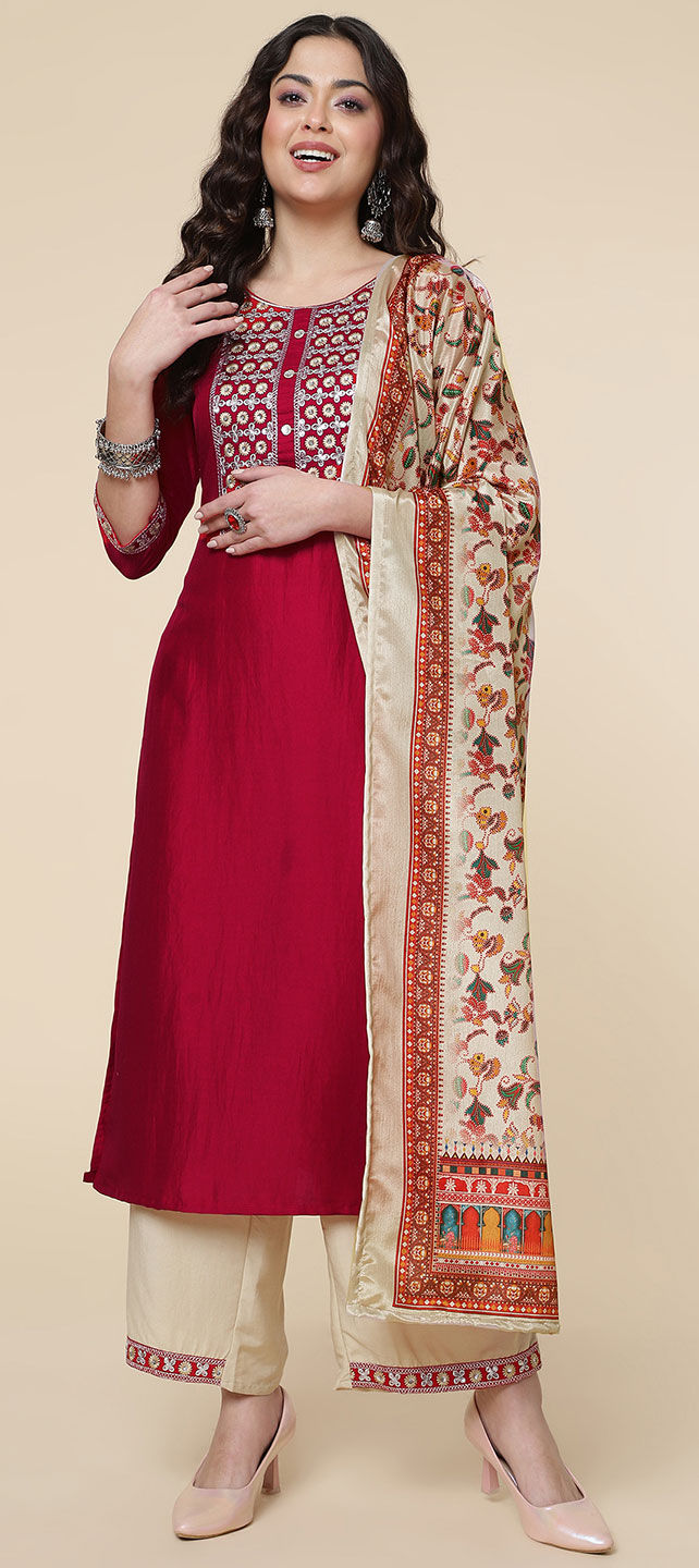 Festive Pink and Majenta color Crepe Silk fabric Salwar Kameez : 1860576