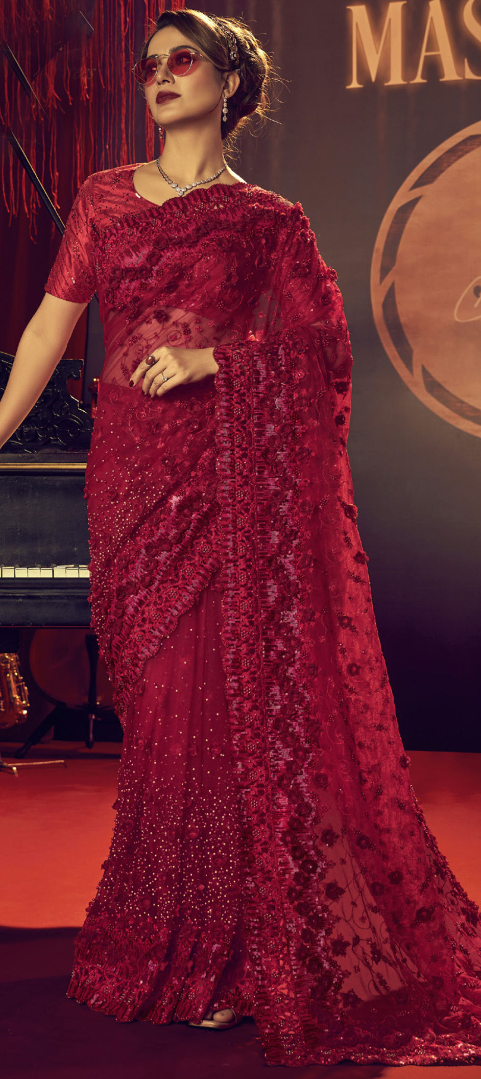 Reception Red and Maroon color Net fabric Saree : 1860614