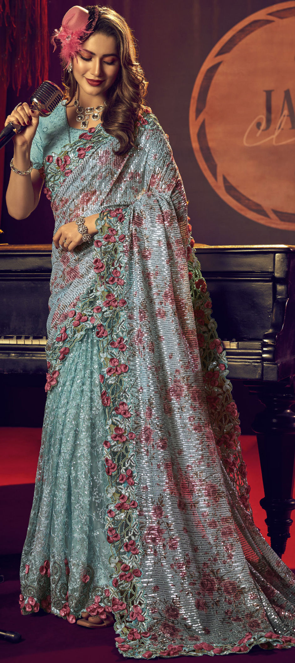 Reception Blue color Net fabric Saree : 1860617