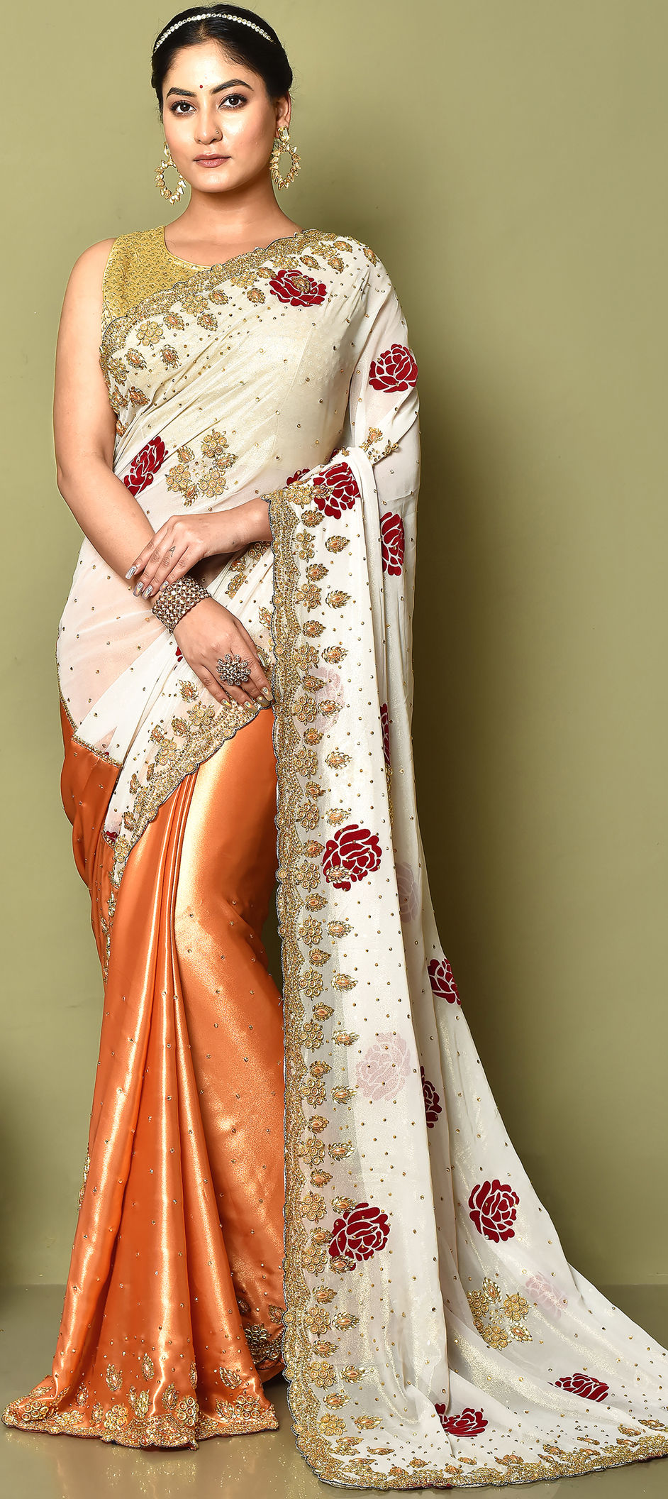 Festive Orange, White and Off White color Jacquard, Shimmer fabric ...