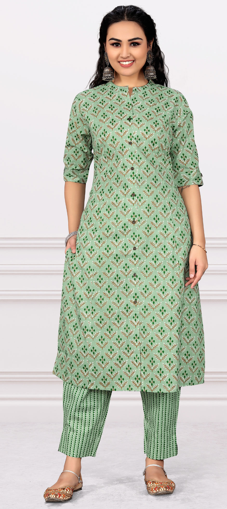 Casual Green color Cotton fabric Tunic with Bottom : 1861725