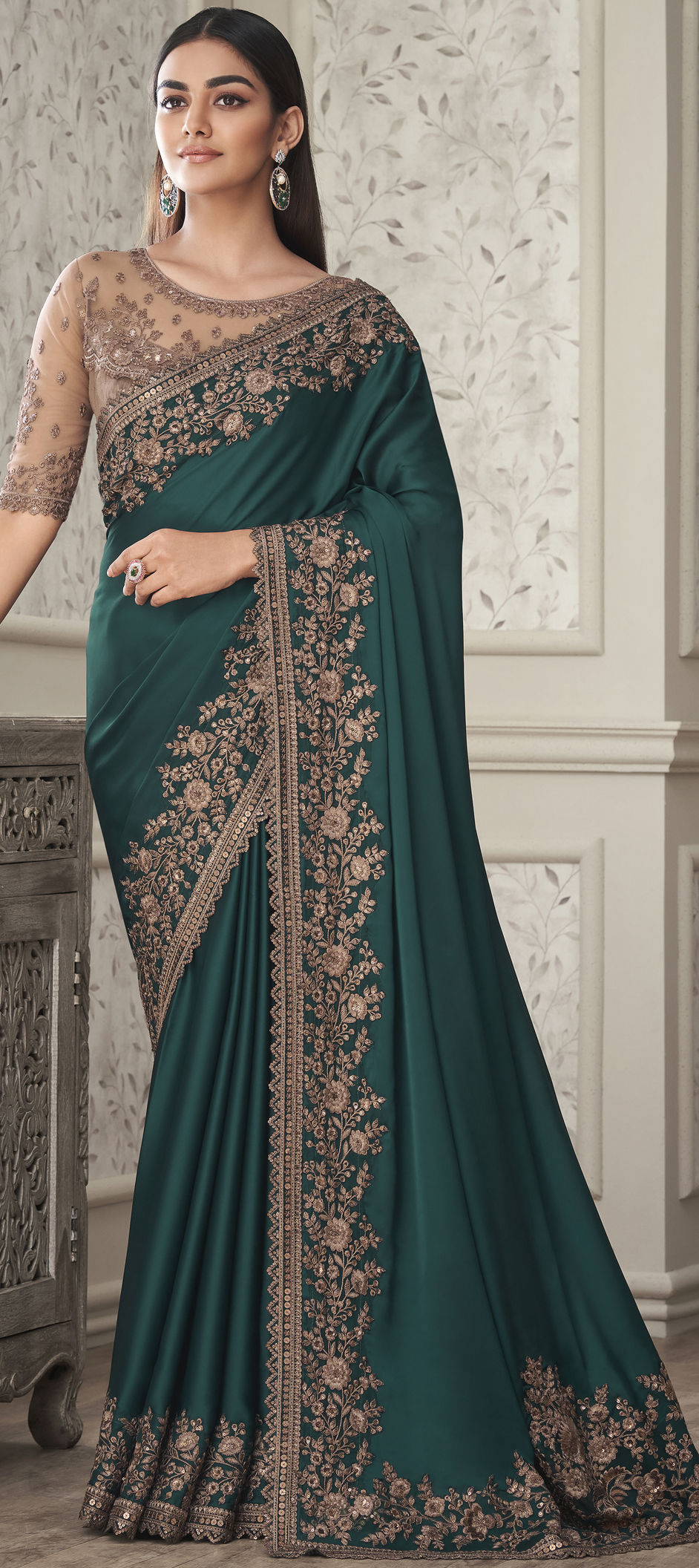 Reception, Traditional Green color Silk fabric Saree : 1861733
