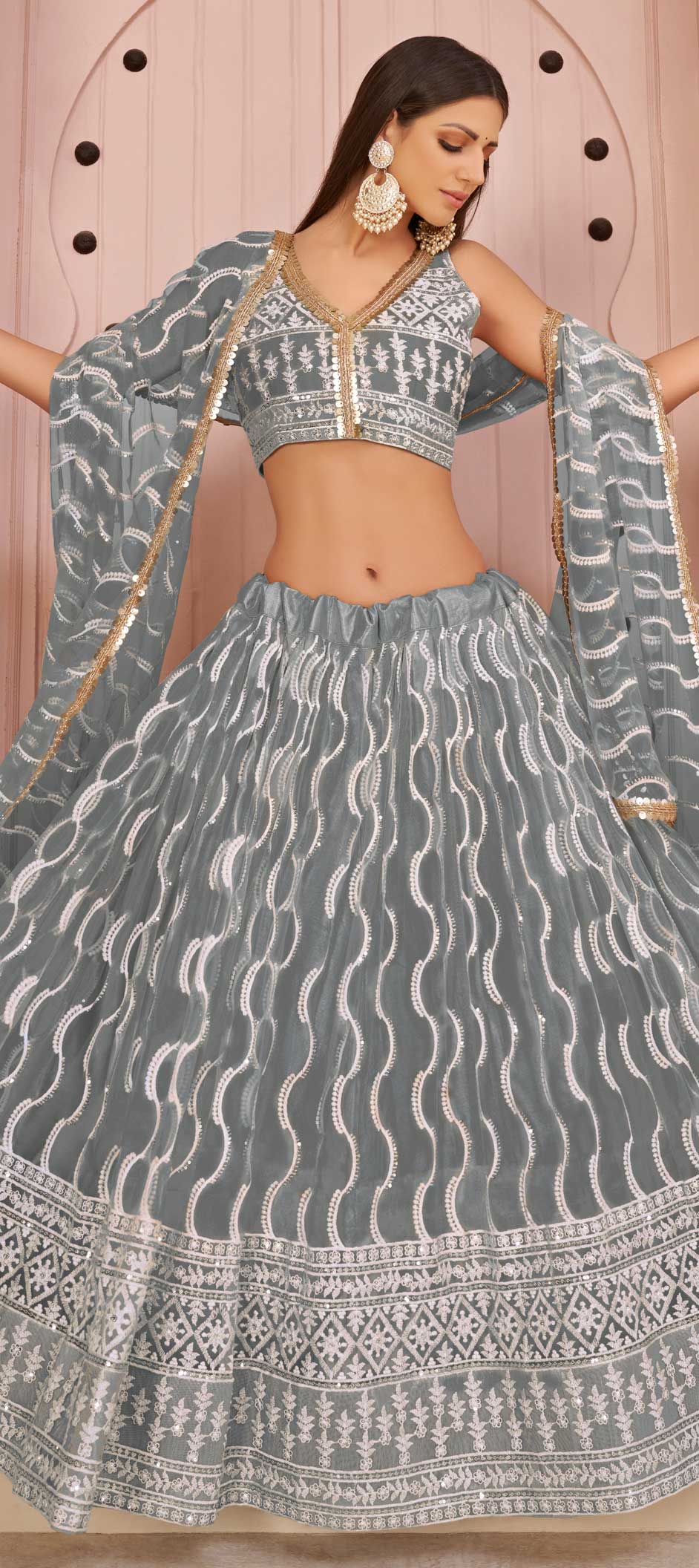 Black and Grey color Net fabric Lehenga : 1861927