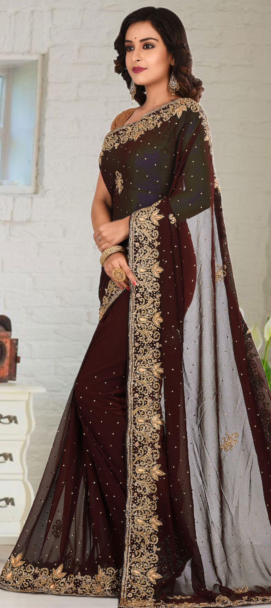 Festive, Reception Beige and Brown color Georgette fabric Saree : 1862839