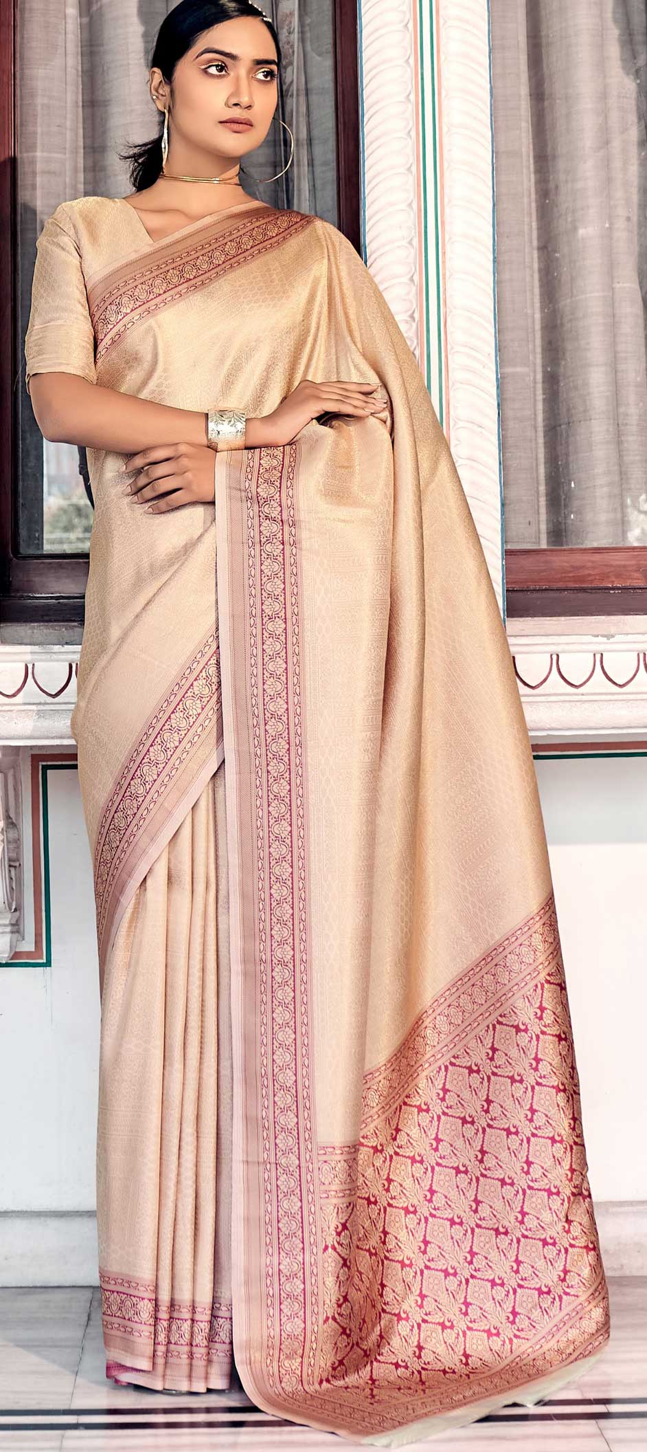 Festive Beige and Brown color Silk fabric Saree : 1862926