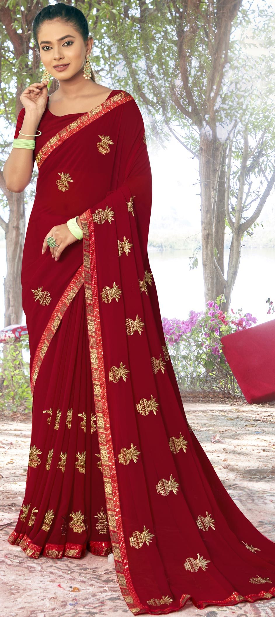 Engagement, Reception Red and Maroon color Georgette fabric Saree : 1863858