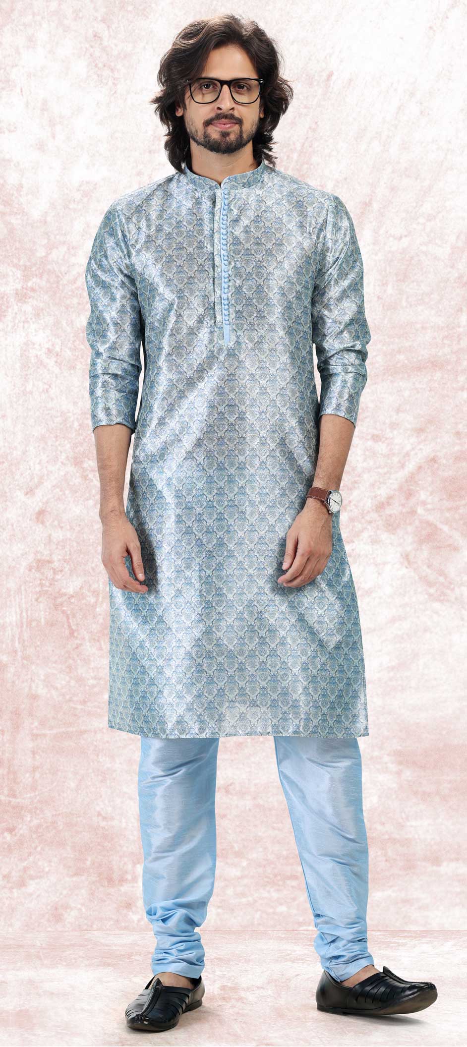 Blue color Jacquard fabric Kurta Pyjamas : 1863885