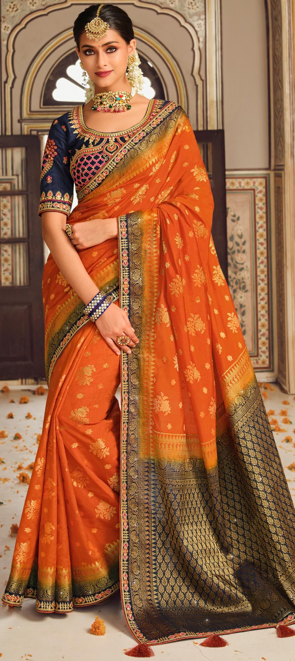 Bridal Orange color Silk fabric Saree : 1864177