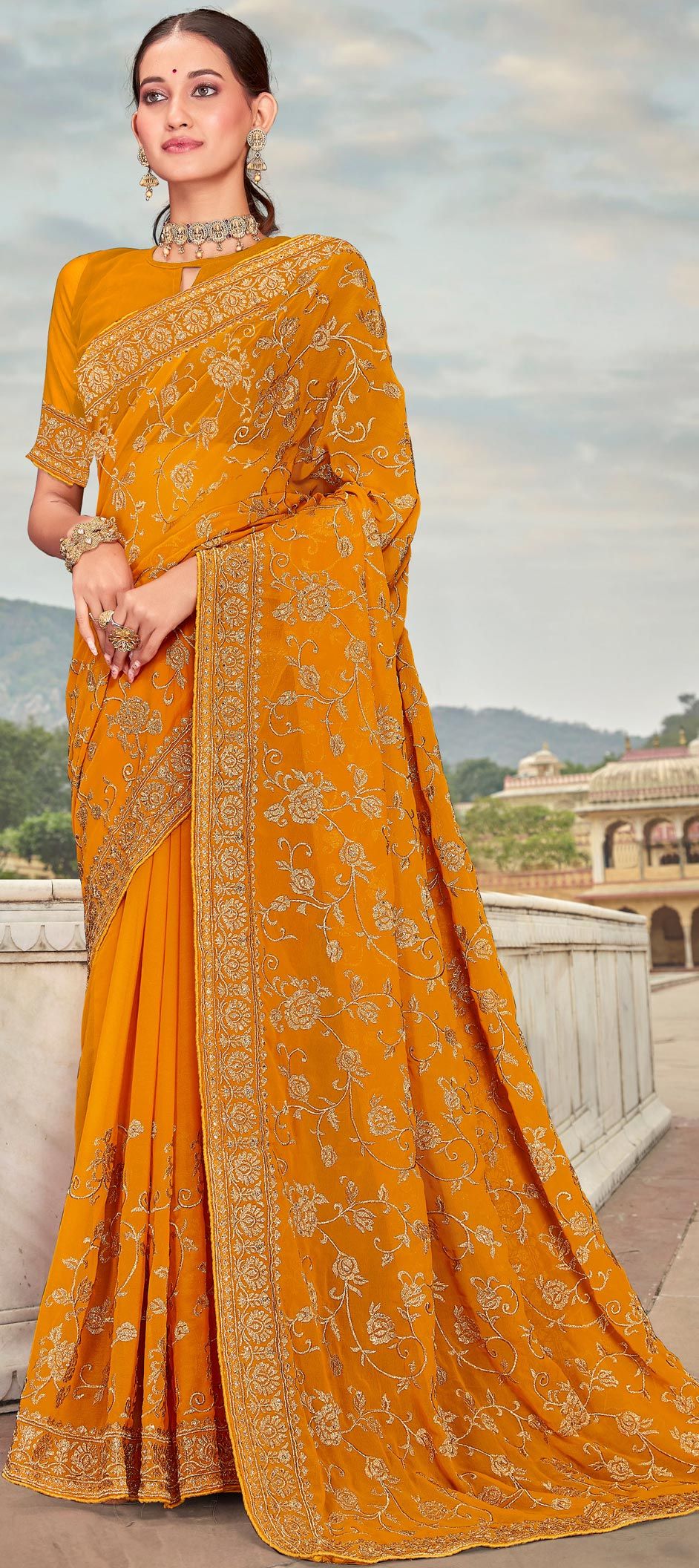 Reception, Wedding Yellow color Georgette fabric Saree : 1864517