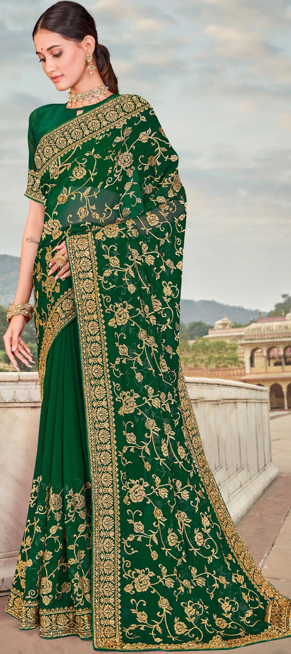 Reception, Wedding Green color Georgette fabric Saree : 1864518