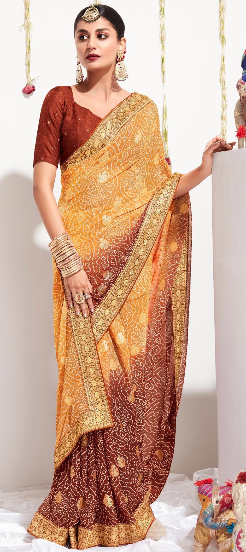 Festive, Traditional Beige and Brown color Georgette fabric Saree : 1864651