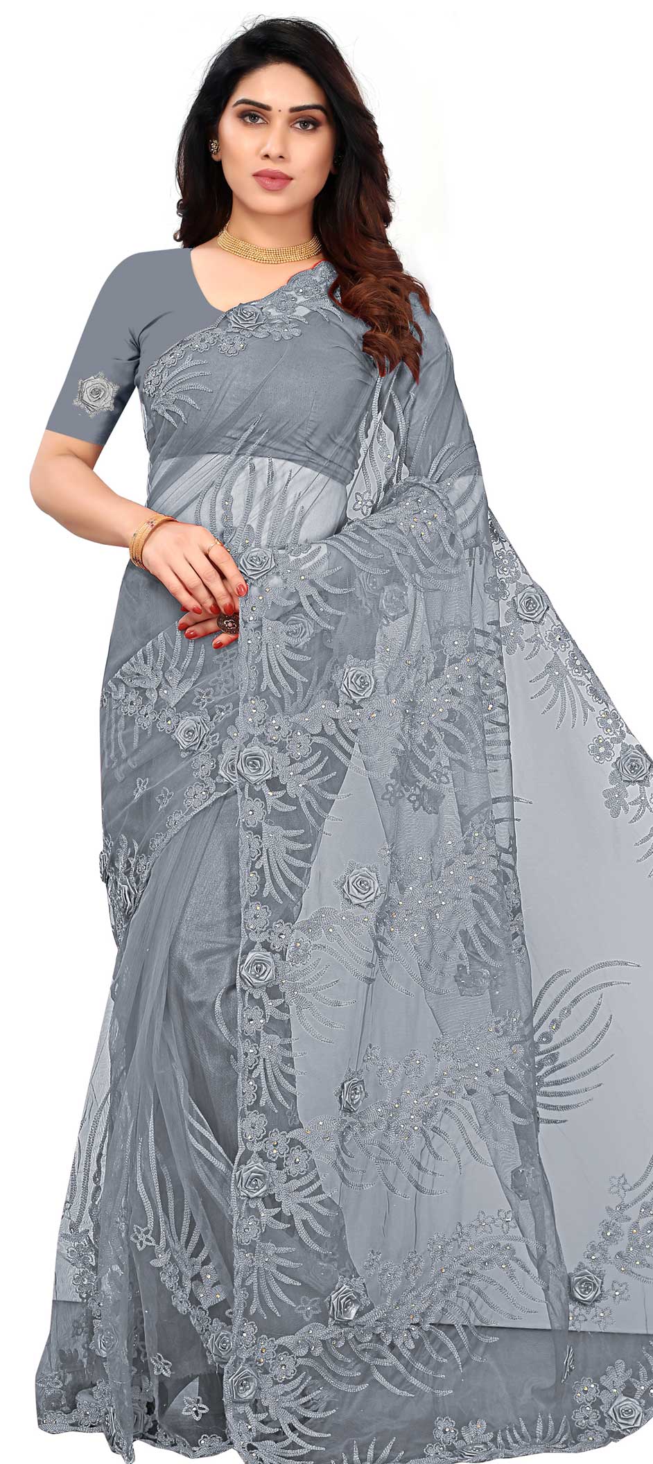 Festive Black and Grey color Net fabric Saree : 1865199