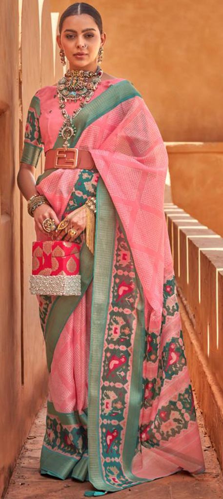 Reception Pink and Majenta color Cotton, Silk fabric Saree : 1865382