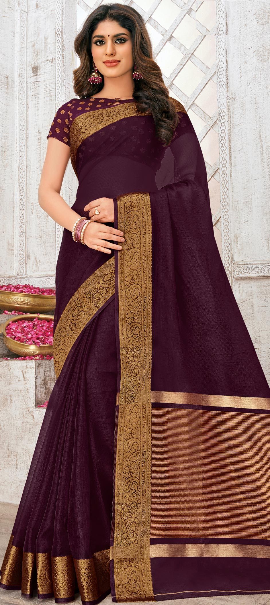 Traditional Purple and Violet color Organza Silk, Silk fabric Saree ...