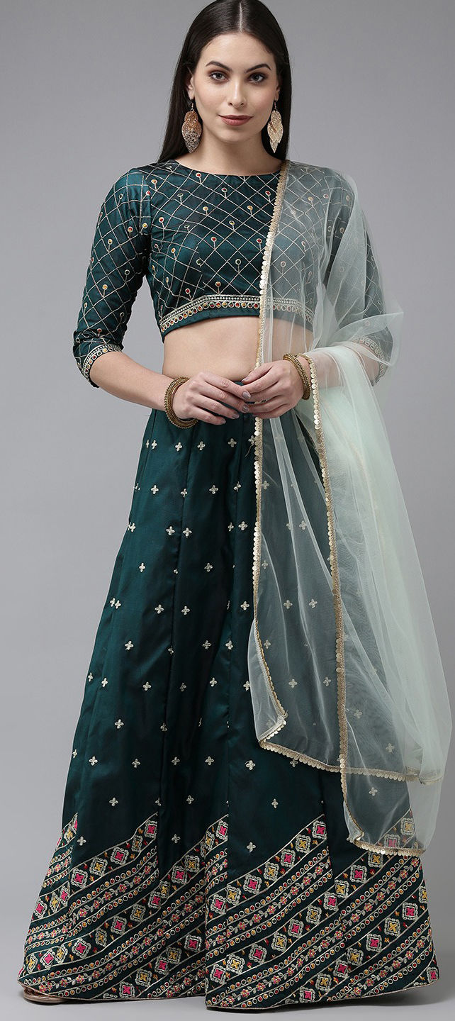 Mehendi Sangeet, Reception Green color Taffeta Silk fabric Lehenga ...