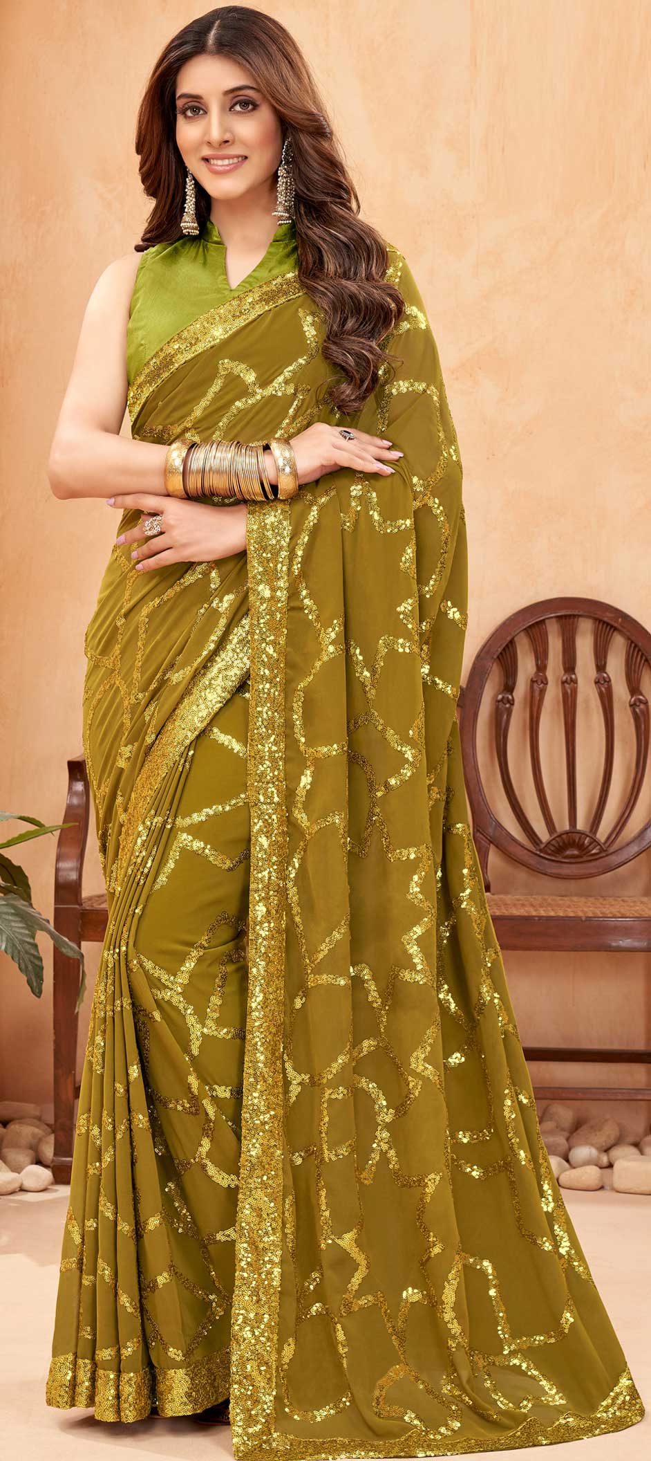Party Wear, Reception Green color Georgette fabric Saree : 1865797