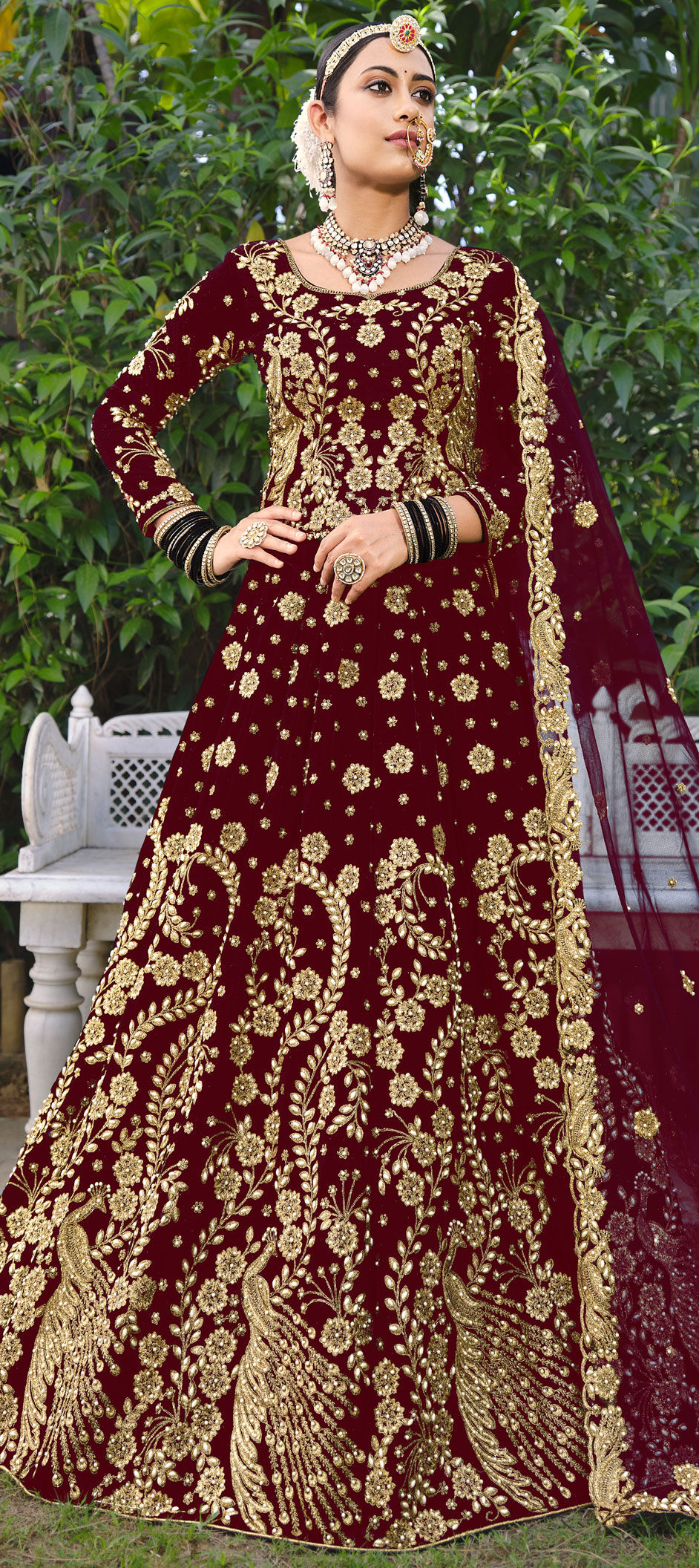Bridal, Wedding Red and Maroon color Velvet fabric Lehenga : 1869263