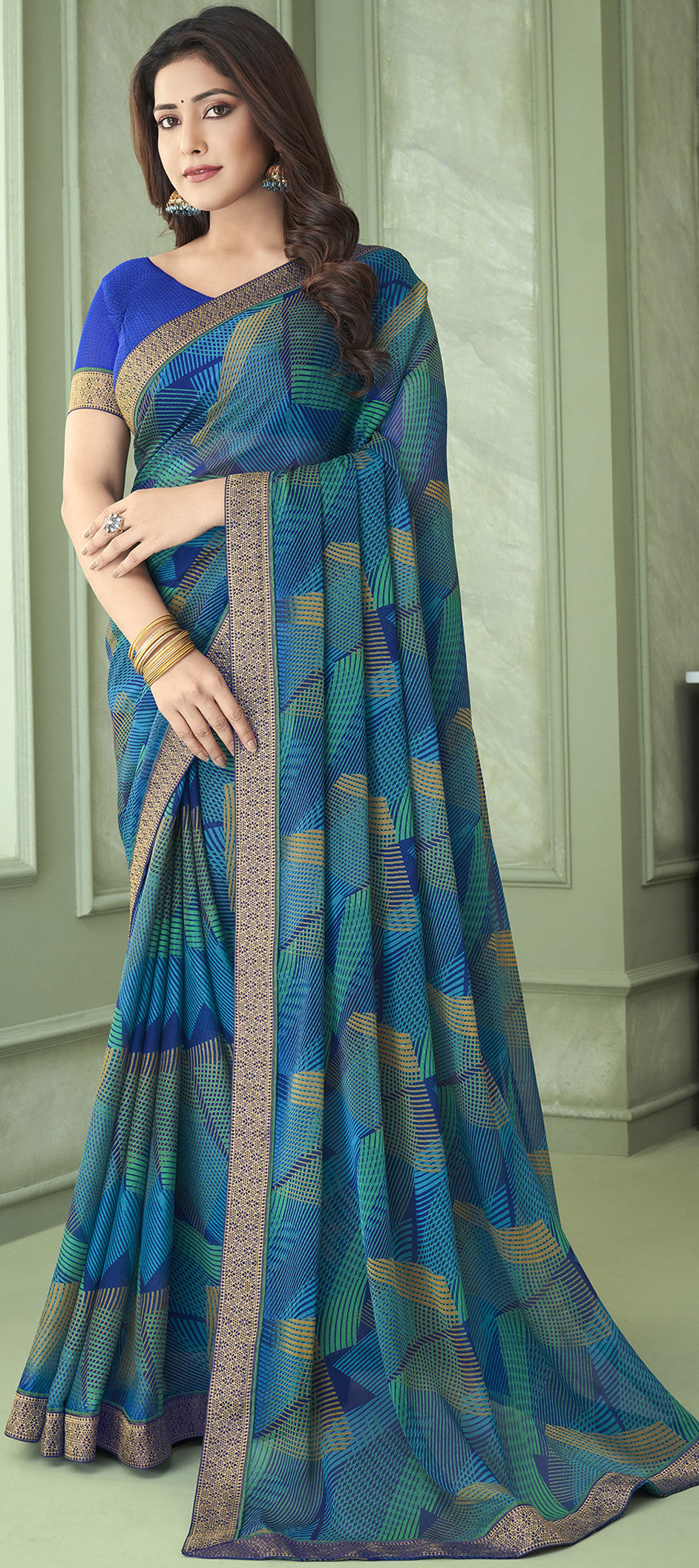 Party Wear, Reception Blue color Chiffon fabric Saree : 1870734