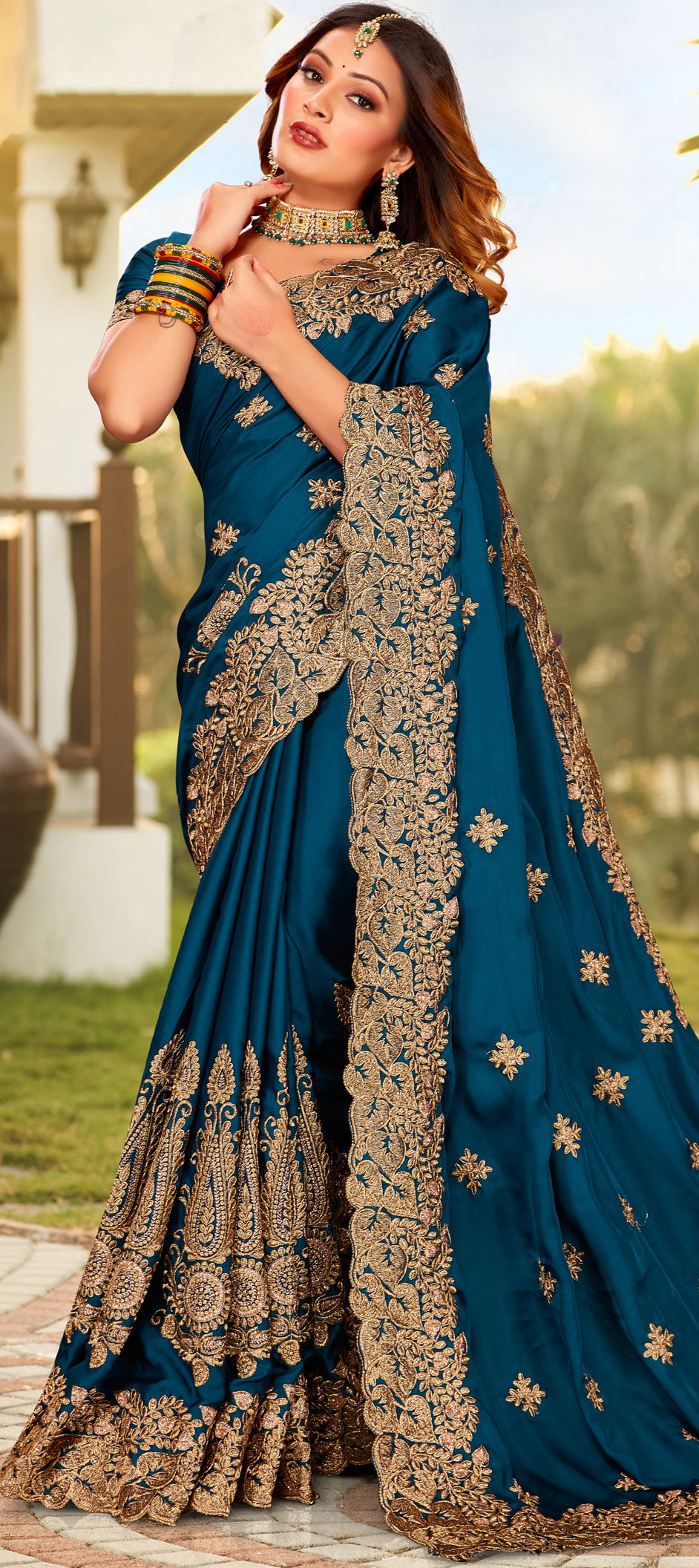 Mehendi Sangeet, Party Wear, Reception Blue color Satin Silk, Silk ...
