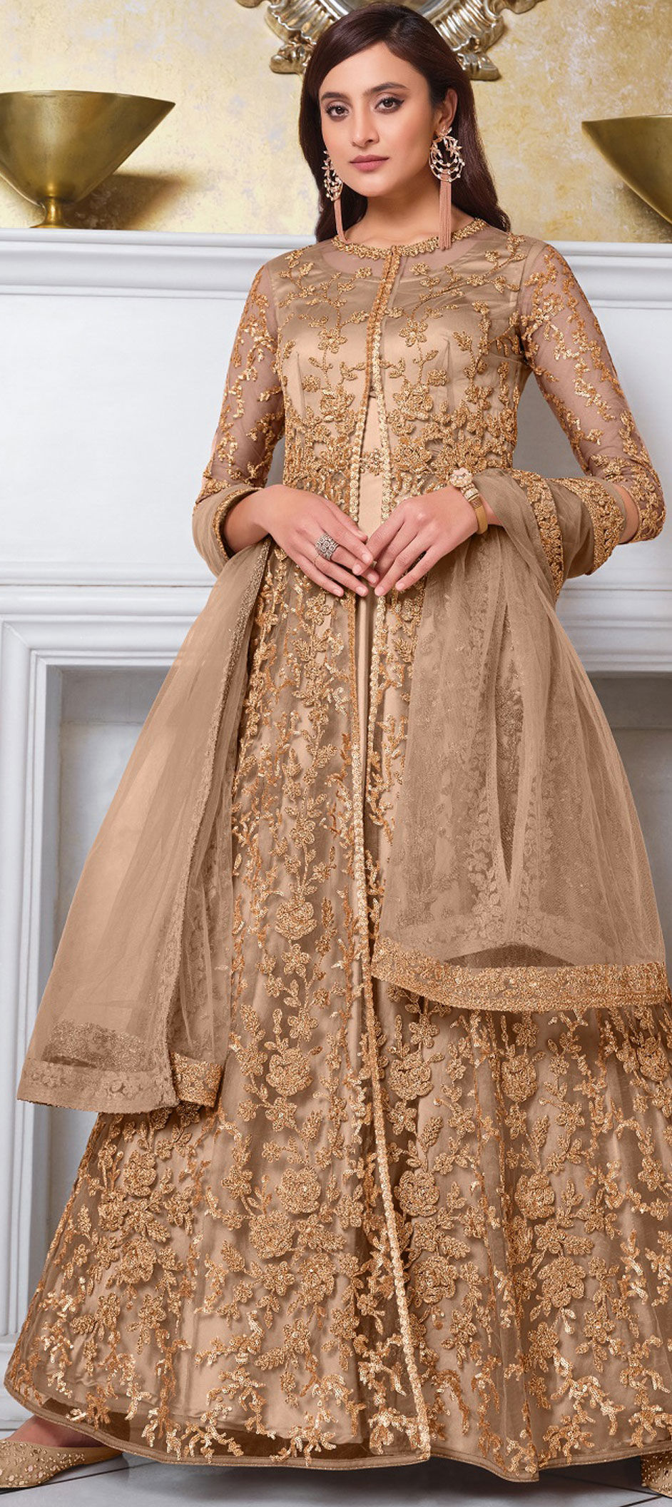 Bollywood Beige and Brown color Net fabric Long Lehenga Choli : 1877481