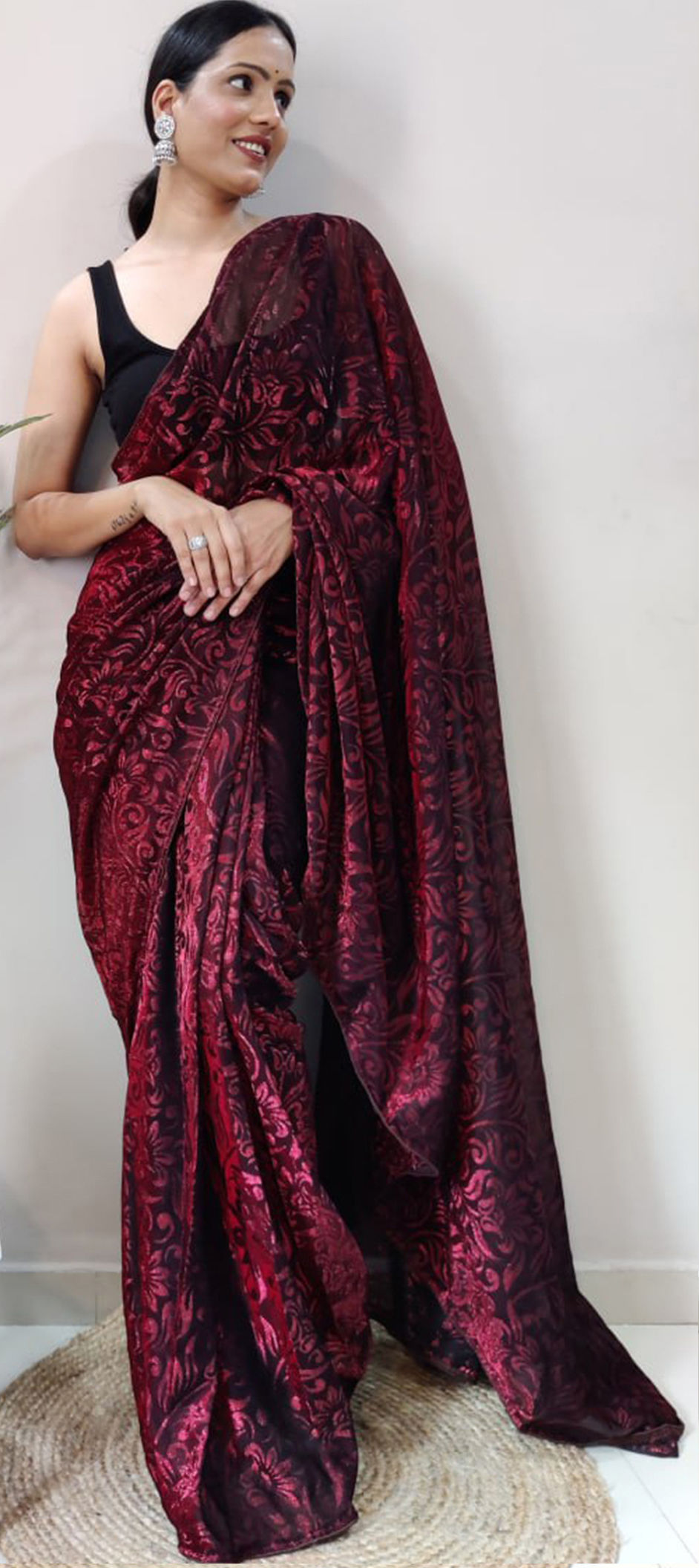 Party Wear, Reception Red and Maroon color Net fabric Saree : 1877633