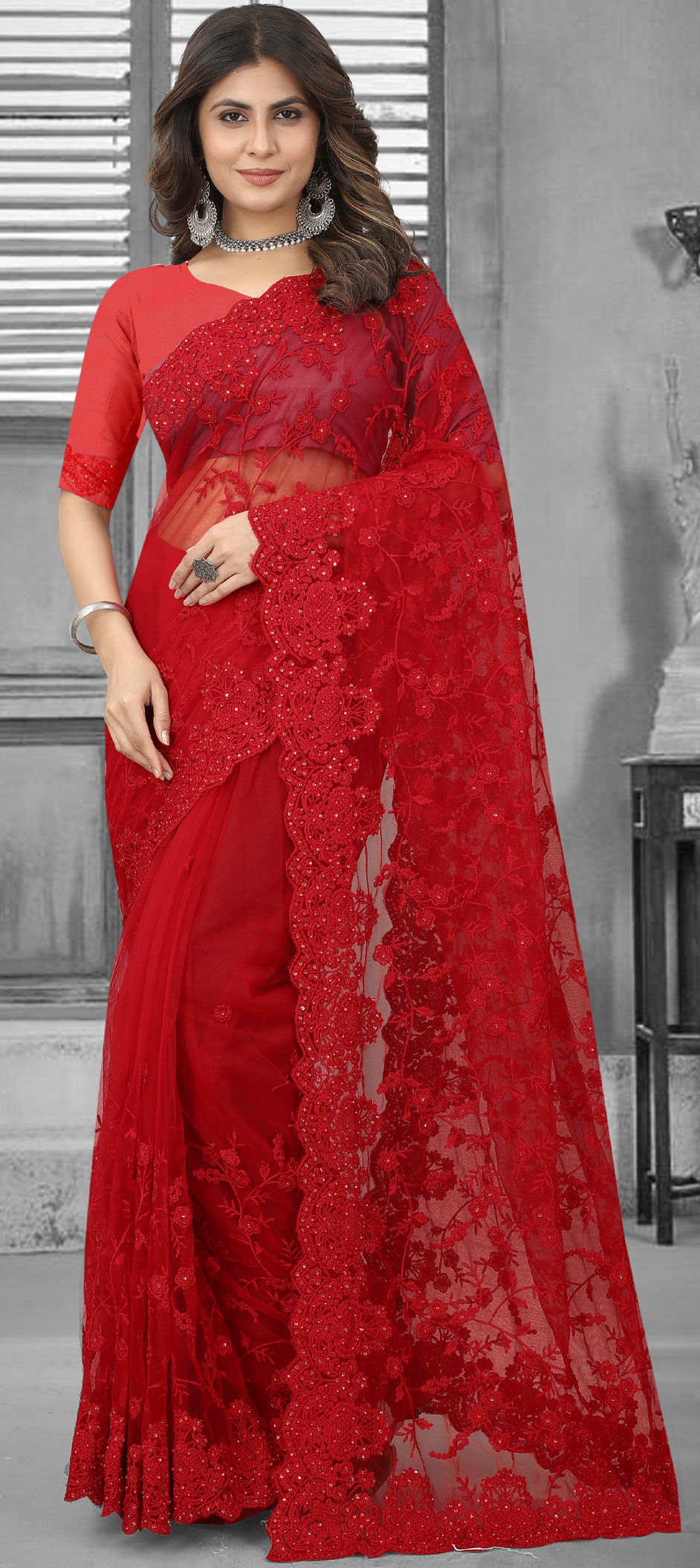 Festive, Mehendi Sangeet, Reception Red and Maroon color Net fabric ...