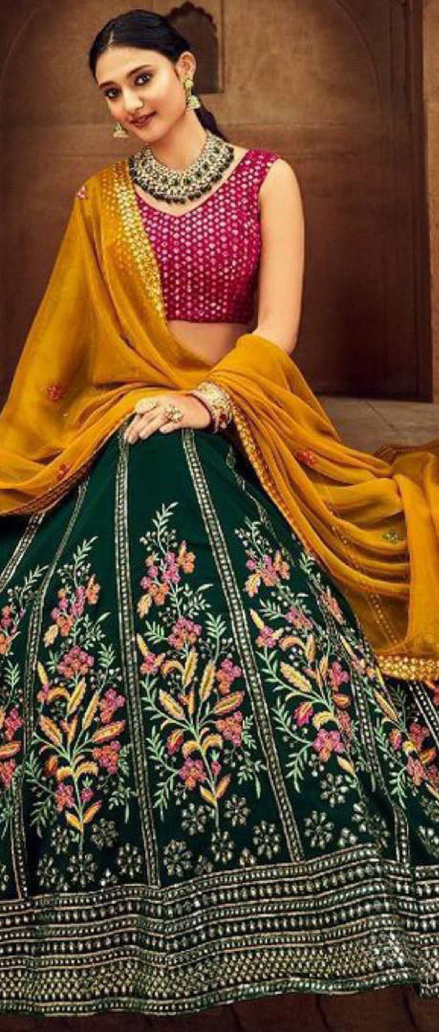 Engagement, Reception, Wedding Green color Satin Silk fabric Lehenga ...