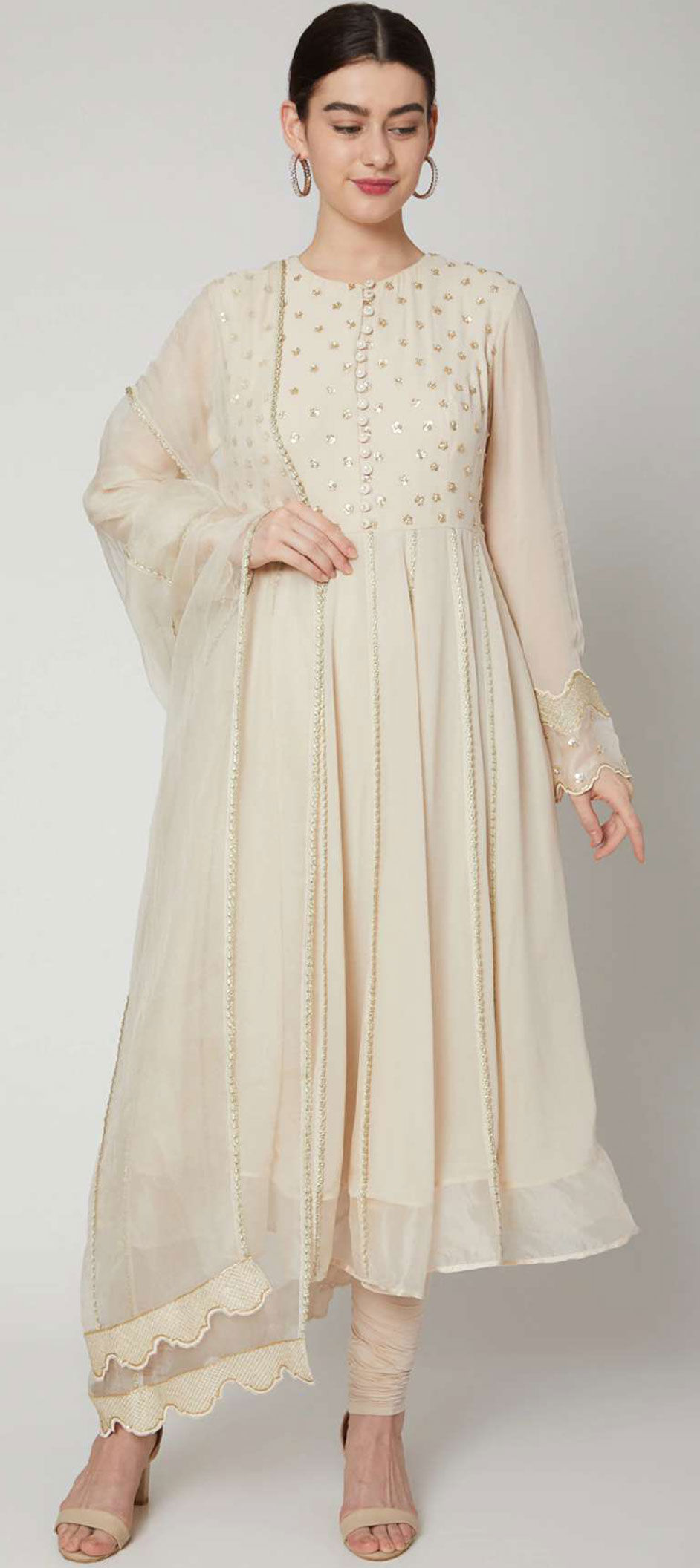 Designer, Festive, Reception White and Off White color Georgette fabric ...