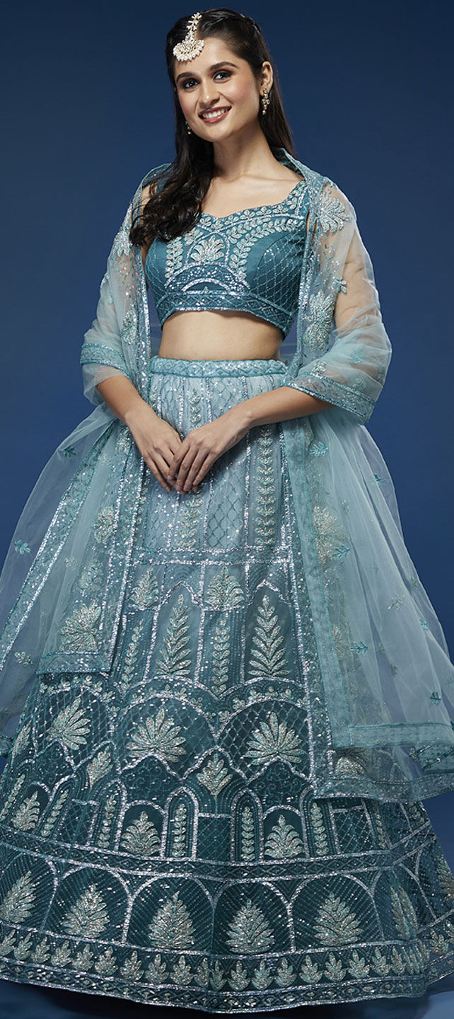 Engagement, Reception, Wedding Blue color Net fabric Lehenga : 1879588