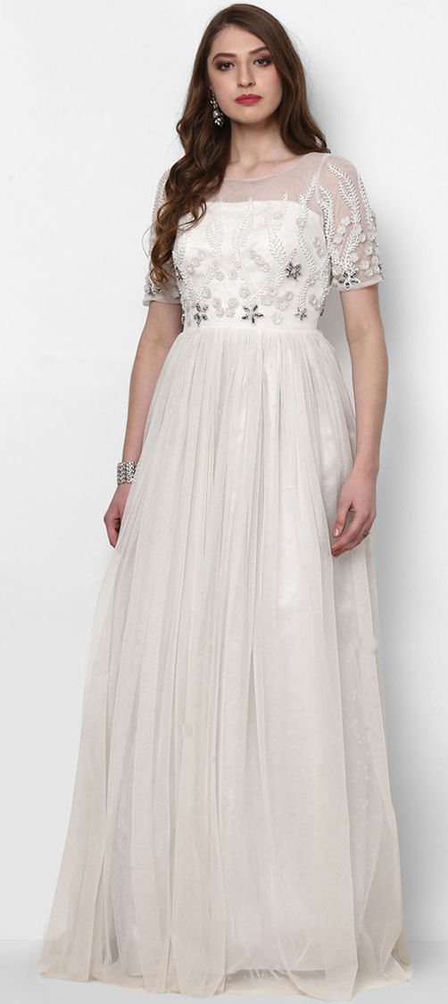 Designer, Reception White and Off White color Net fabric Gown : 1879969