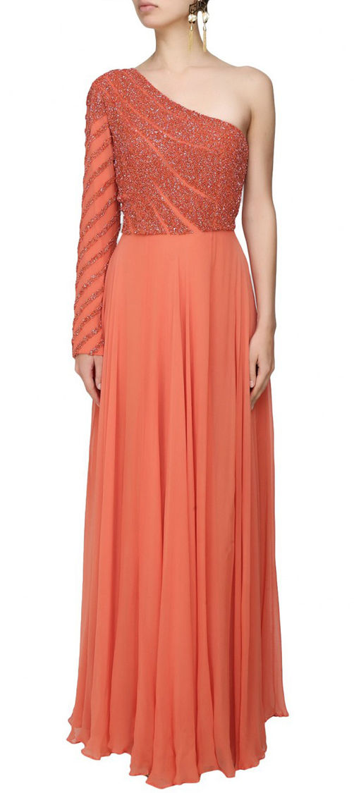 Designer, Reception Orange color Georgette fabric Gown : 1880045