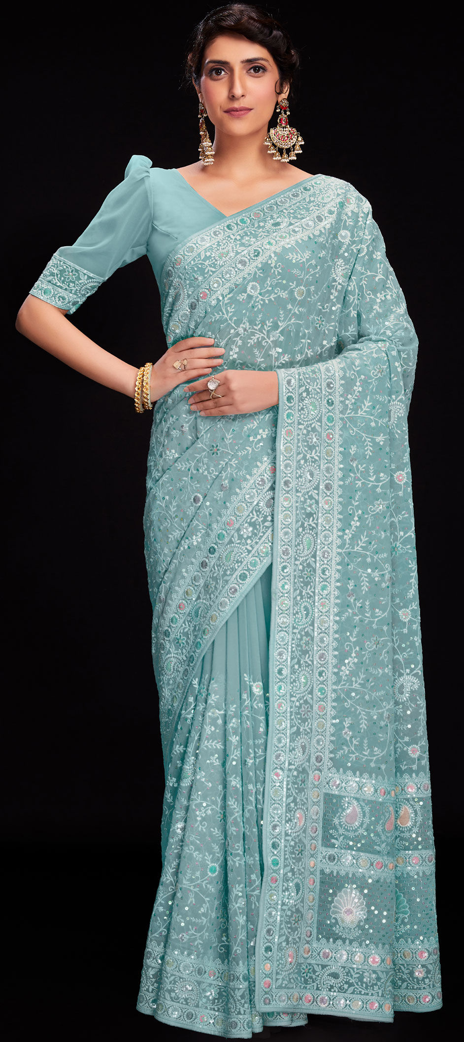 Engagement, Reception, Wedding Blue color Georgette fabric Saree : 1880093