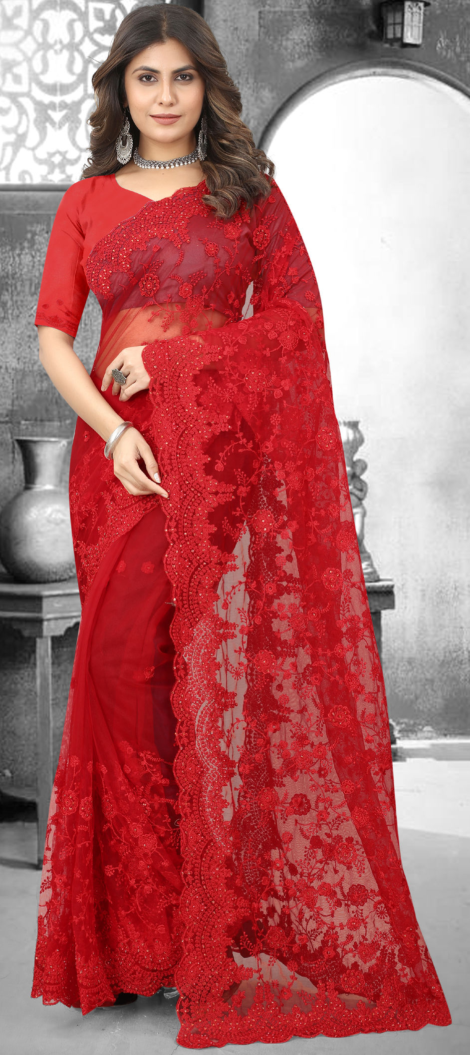Engagement, Mehendi Sangeet, Reception Red and Maroon color Net fabric ...