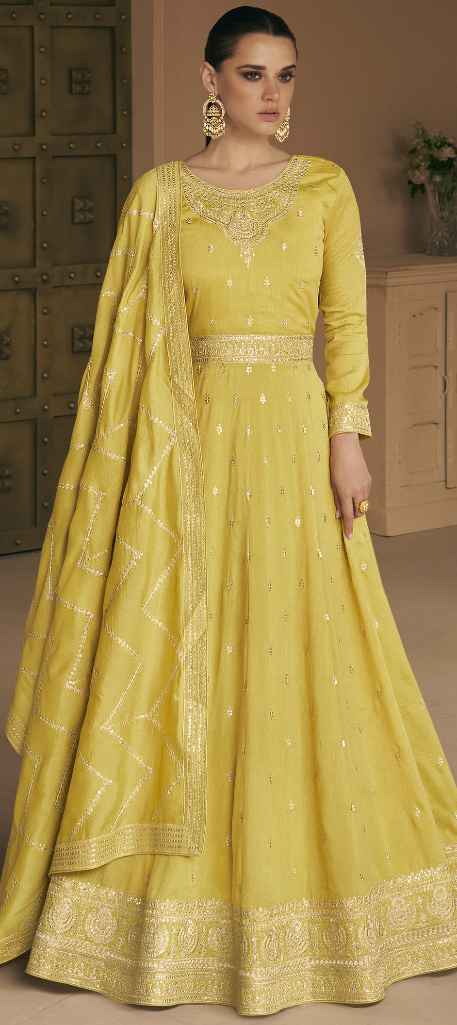 Festive, Mehendi Sangeet, Reception Yellow color Art Silk fabric Gown ...