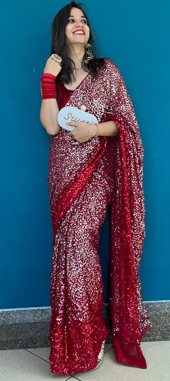 Engagement, Mehendi Sangeet, Reception Red and Maroon color Georgette fabric Saree : 1881465
