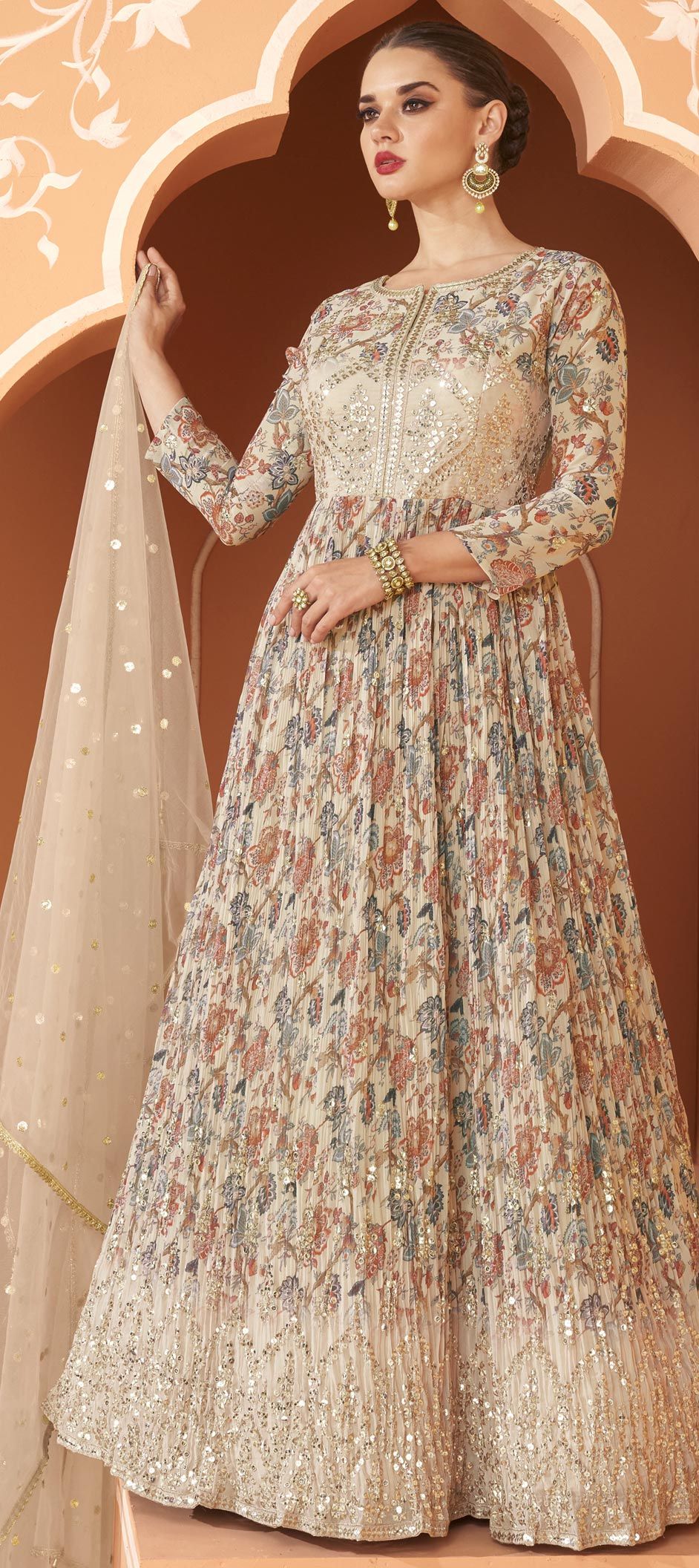 Party Wear, Reception Beige and Brown color Georgette fabric Gown : 1881584