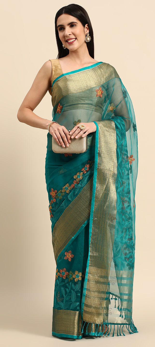 Party Wear, Reception Blue color Organza Silk, Silk fabric Saree : 1882102