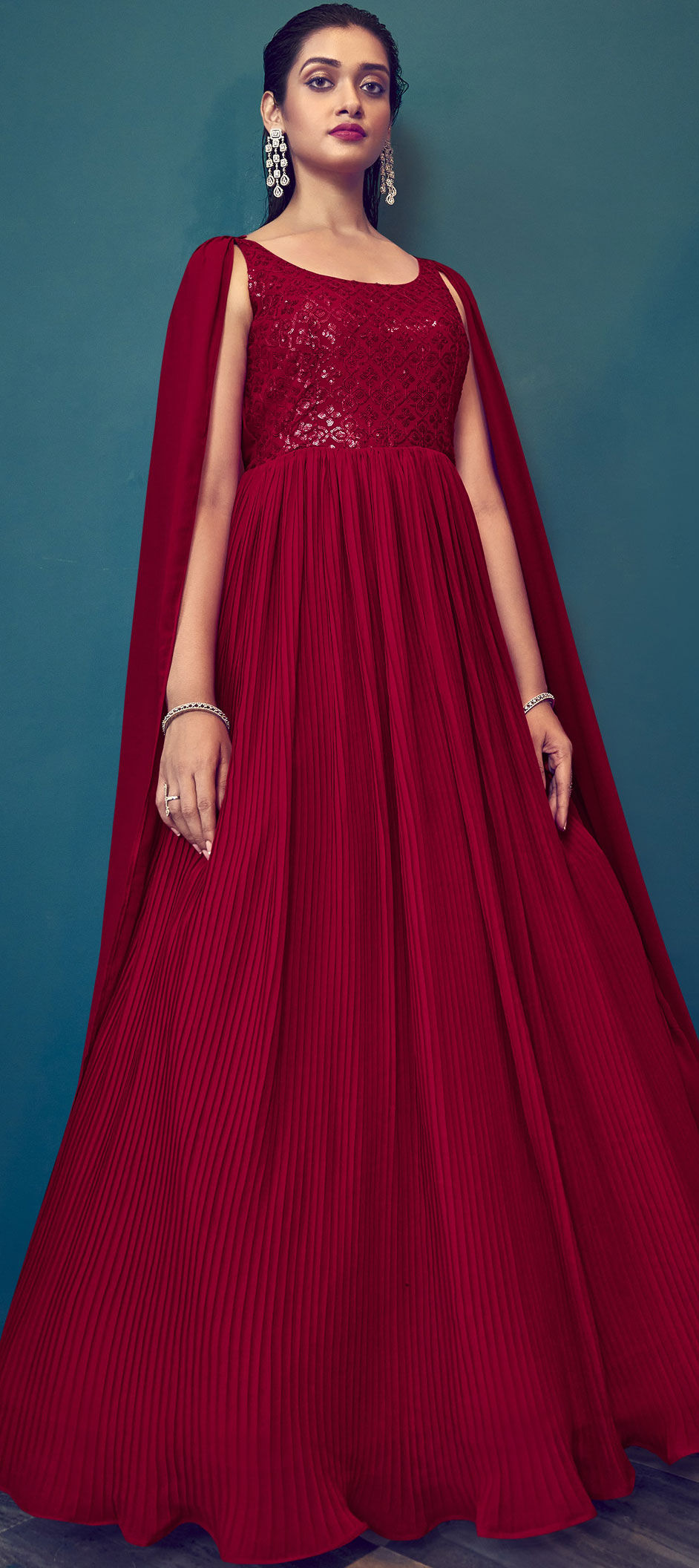 Party Wear, Reception Red and Maroon color Georgette fabric Gown : 1882650