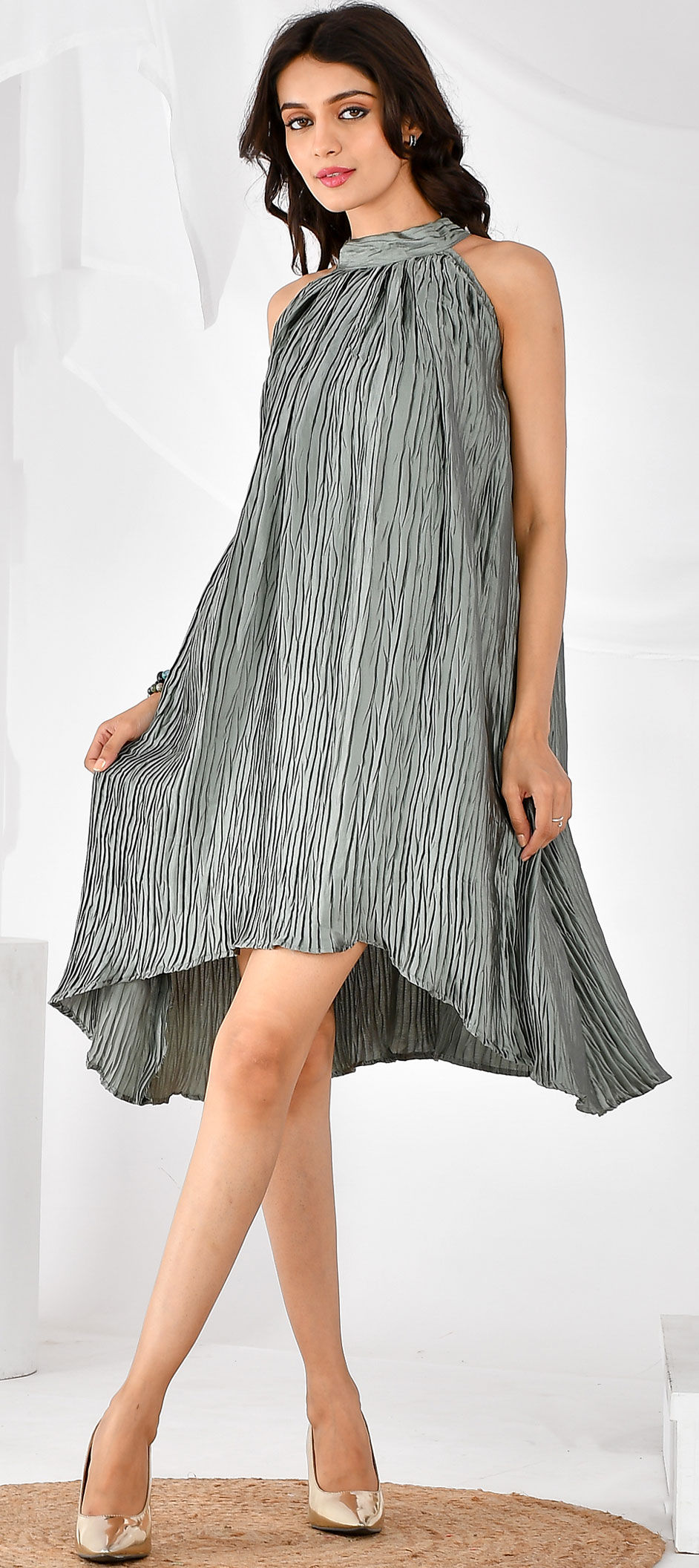 Party Wear, Summer Black and Grey color Satin Silk fabric Dress : 1882703